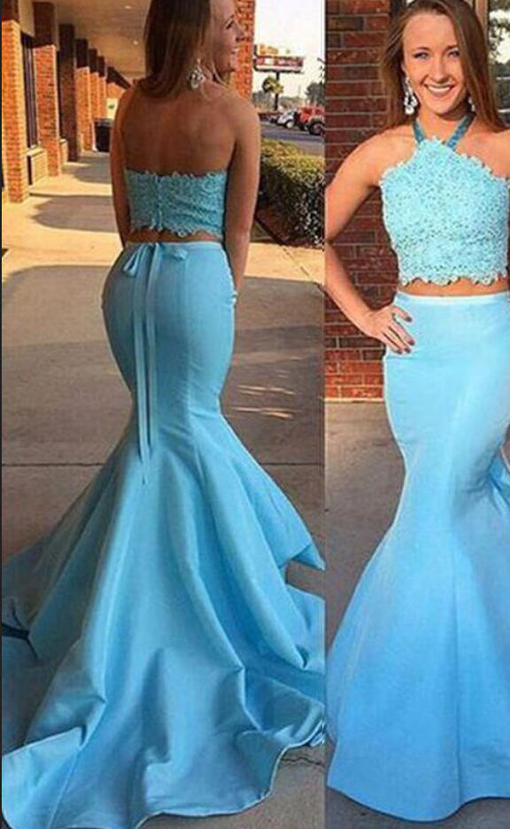 Two Pieces Prom Dresses,Cheap Mermaid Prom Dresses,Vintage Halter Neck ...